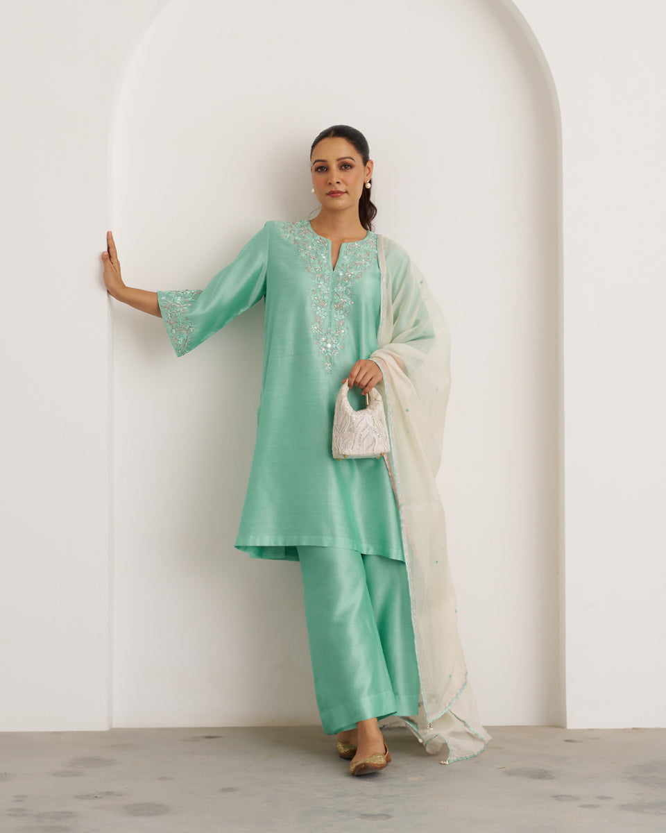 Vaaya | Aqua Blue Silk Chanderi Set with Handwork– VAAYA