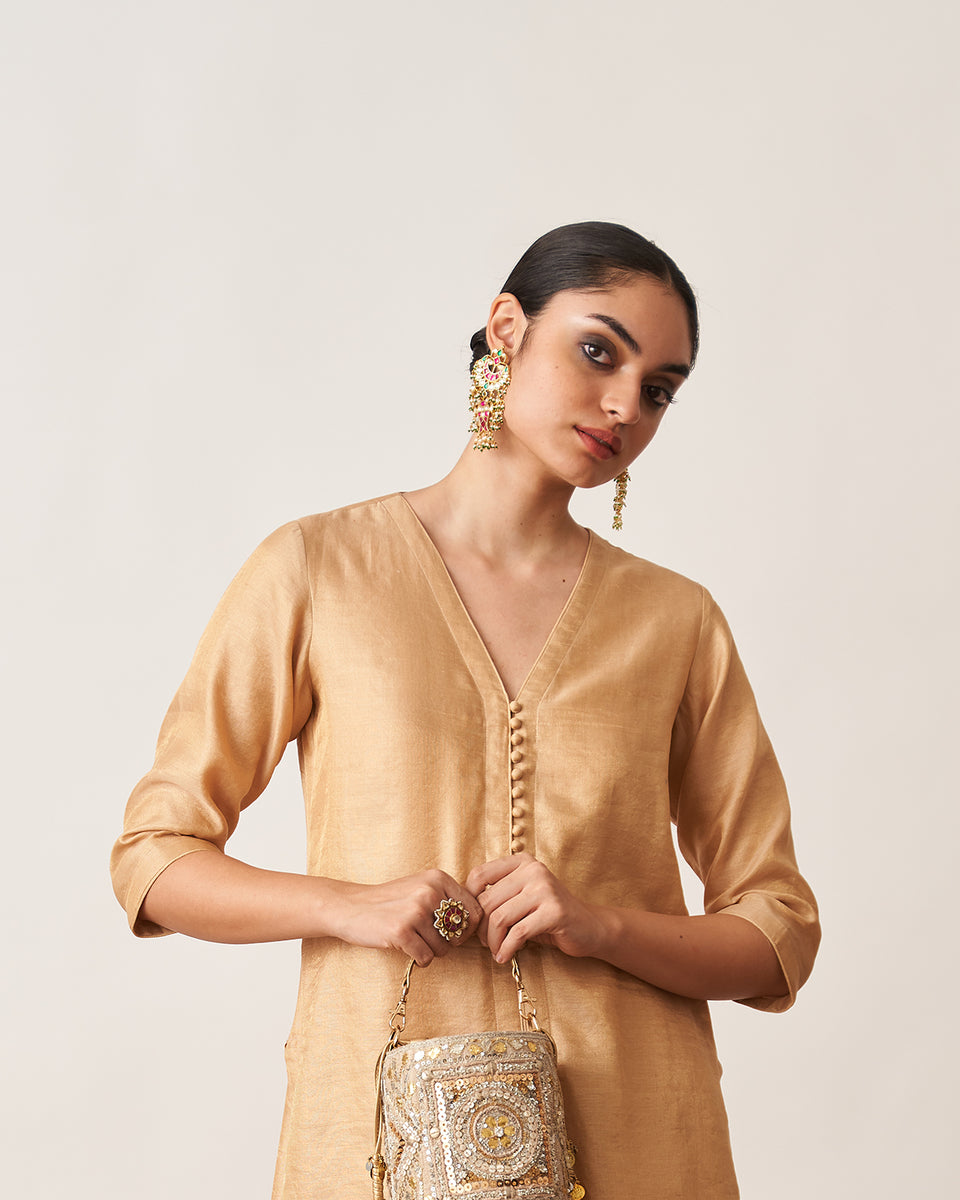 Vaaya | The Gold Beige Silk Tissue Chanderi Kurta & Pants Set– VAAYA