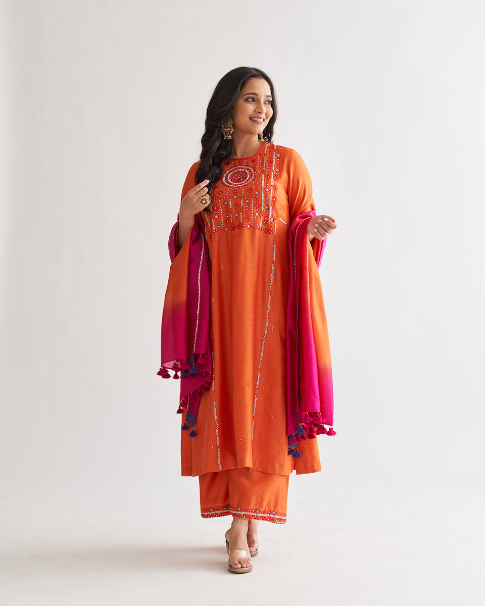 Vaaya | The Narangi Silk Chanderi Set with Handwork– VAAYA