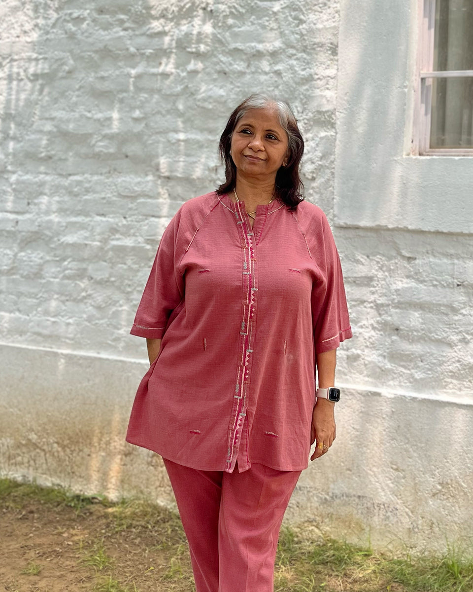 Rose Pink Handwoven Cotton Co-ord Set with Handwork– VAAYA