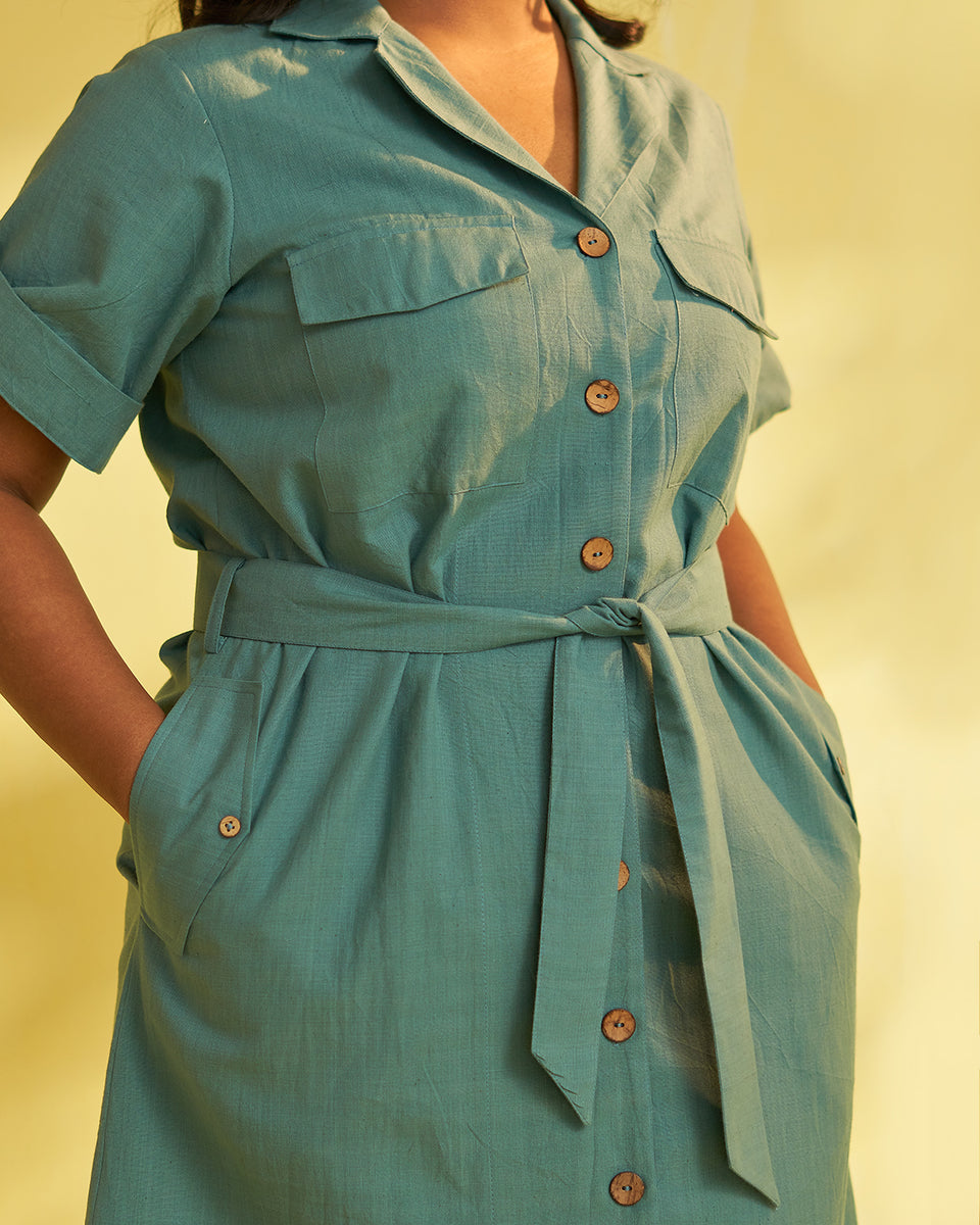 Vaaya | Teal Handwoven Cotton Pocket Dress– VAAYA
