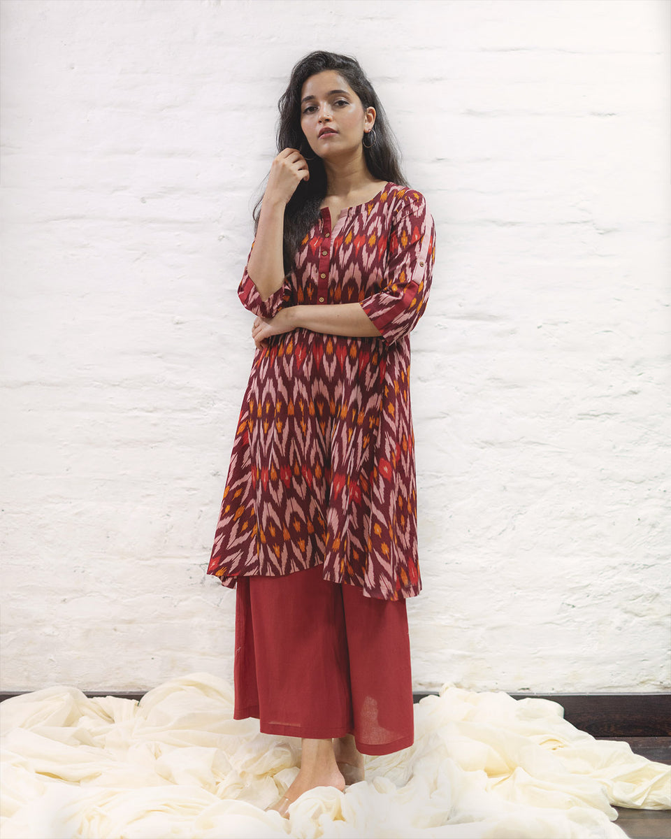 Vaaya | Burgundy Mercerised Ikat Kurta– VAAYA