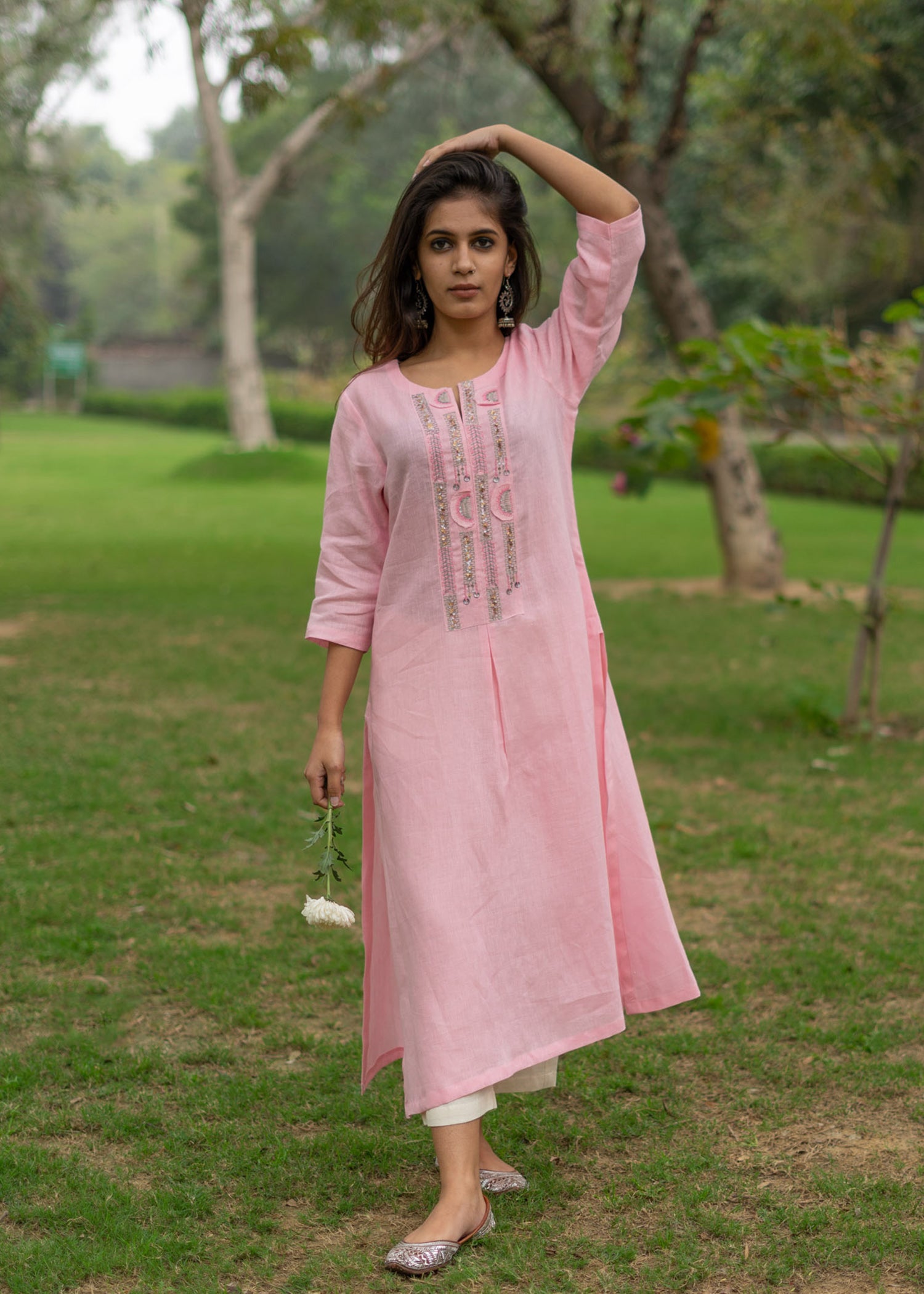 Vaaya | Baby Pink Linen Tunic with Cut-Fray Handwork– VAAYA