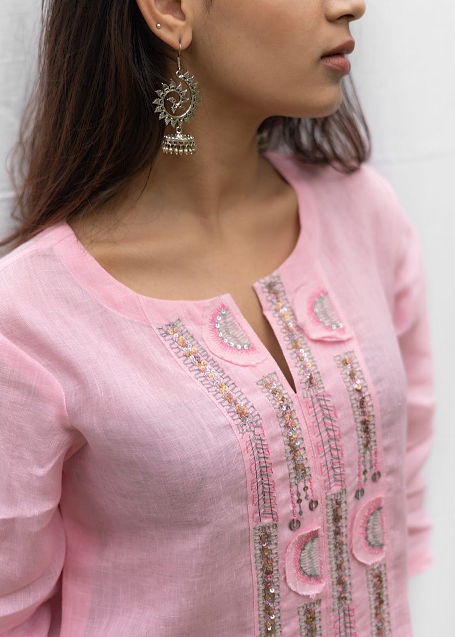 Vaaya | Baby Pink Linen Tunic with Cut-Fray Handwork– VAAYA